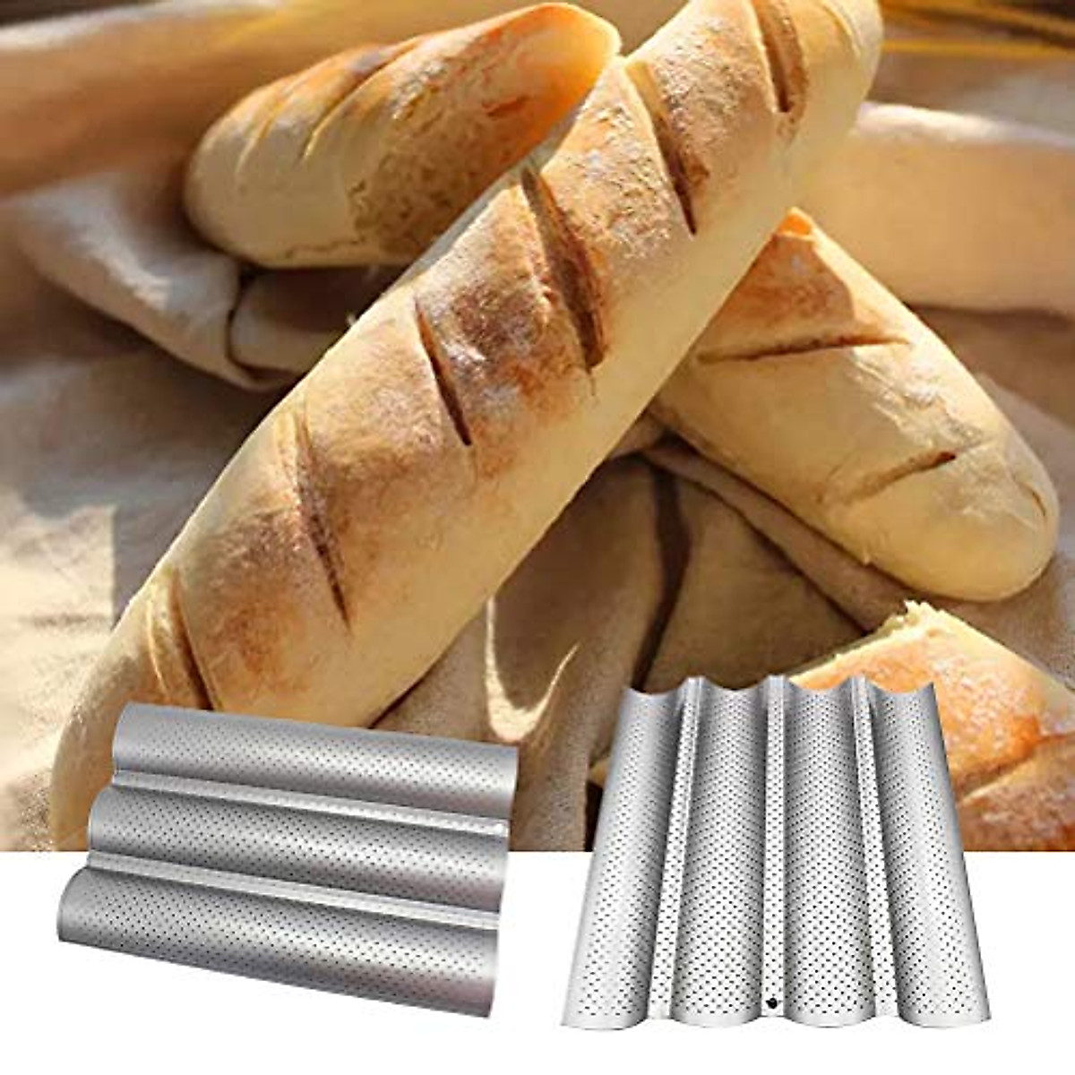 Zerodis Perforated French Bread Pan,Non Stick Perforated French Bread Pan Bakeware Toast Cooking Bake Home Bread Baking Waves Toaster Oven Baking Tray (4)