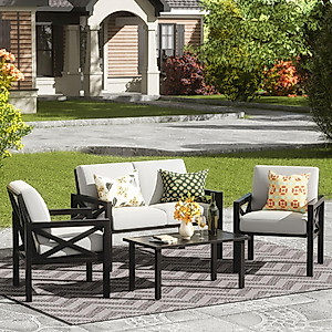 NATURAL EXPRESSIONS Outdoor Patio Furniture 4 Pieces Set, Modern Patio Conversation Sets, Outdoor Sectional Metal Sofa with 5.5 Inch Cushion and Coffee Table for Balcony, Garden