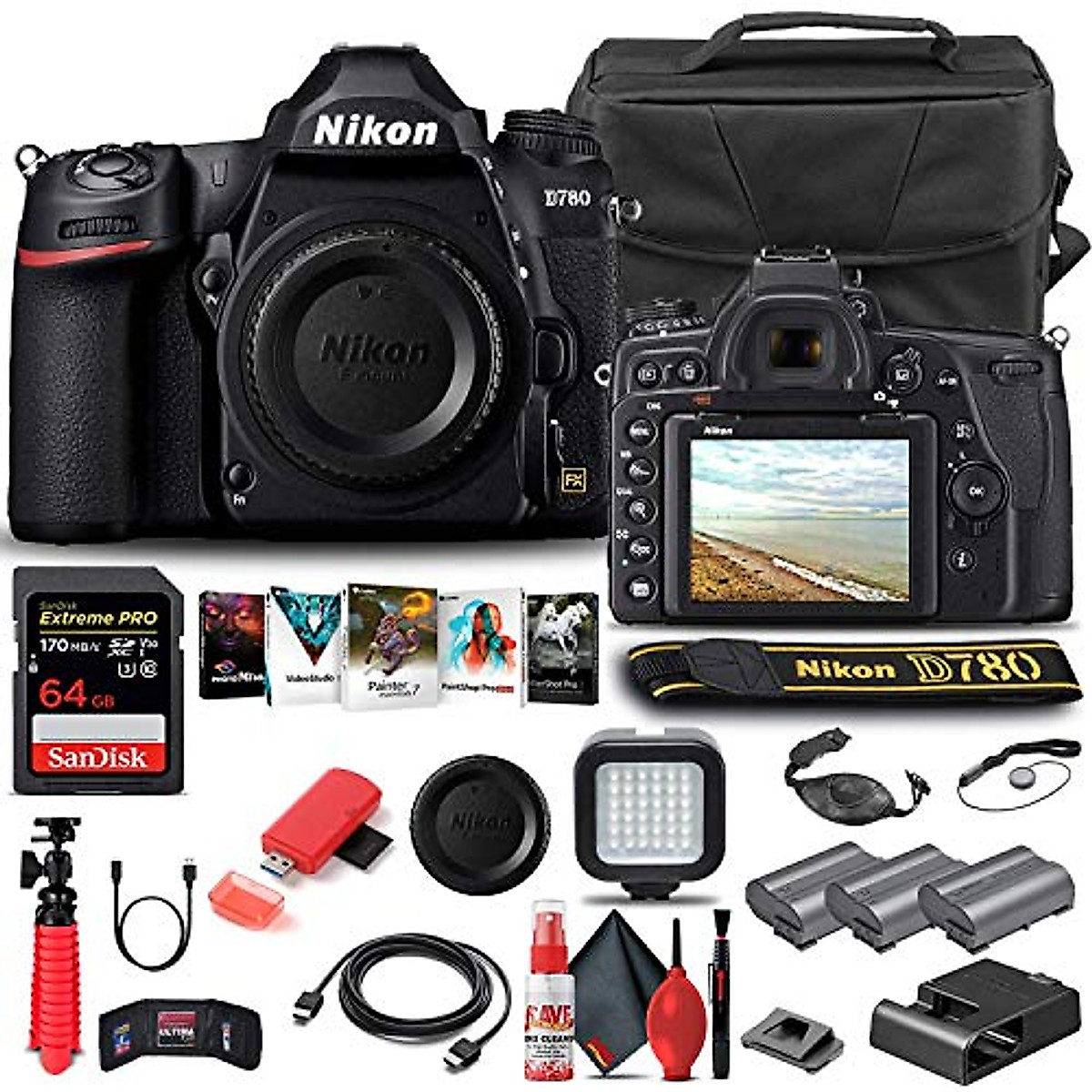 Nikon D780 DSLR Camera (Body Only) (1618) + 64GB Memory Card + Case + Corel Photo Software + 2 x ENEL 15 Battery + LED Light + HDMI Cable + Cleaning Set + Tripod + More (International Model) (Renewed)