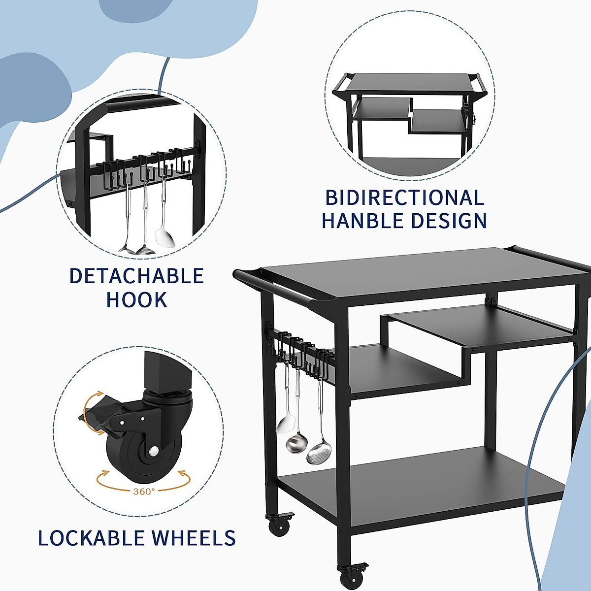 RAXSINYER 20"x 32" Three-Shelf Movable Outdoor Dining Cart Table, Multifunctional Food Prep Table, Outdoor Grill Table with Wheels