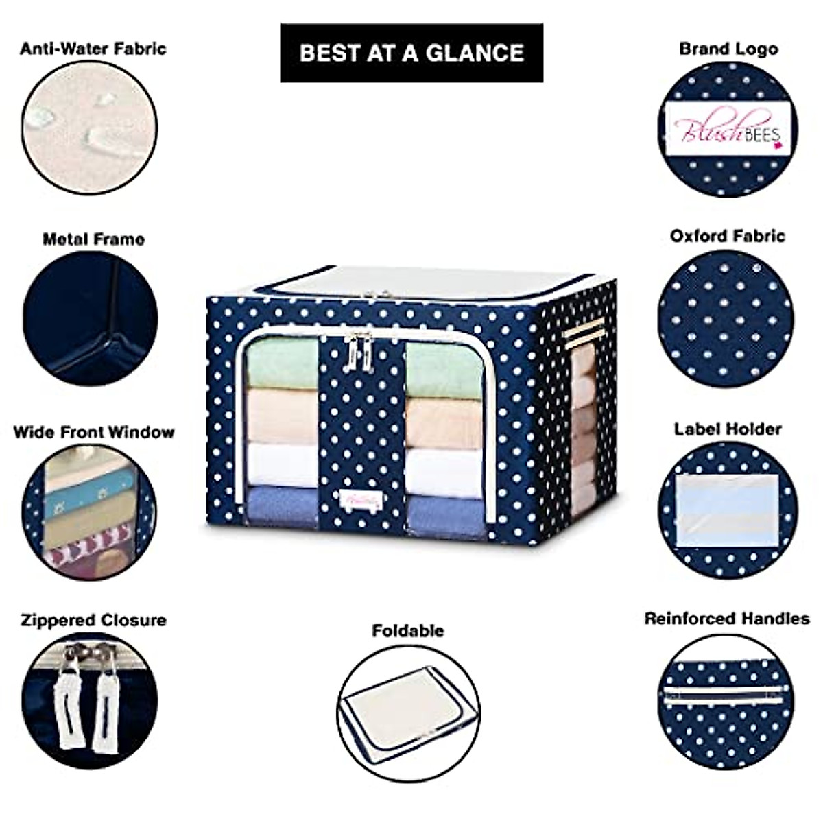 Blushbees® Oxford Fabric Collapsible Storage Boxes for Clothes/Quilts/Linen with Metal Supports (PACK OF 4 BOXES - LARGE SIZE 20×16×15 INCH)