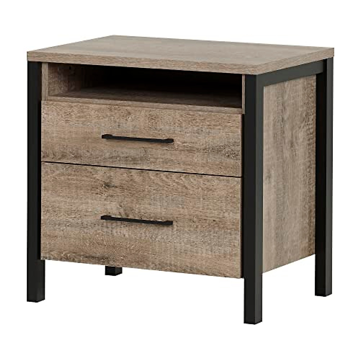 South Shore Munich 2-Drawer Nightstand, Weathered Oak and Matte Black with Metal Handles
