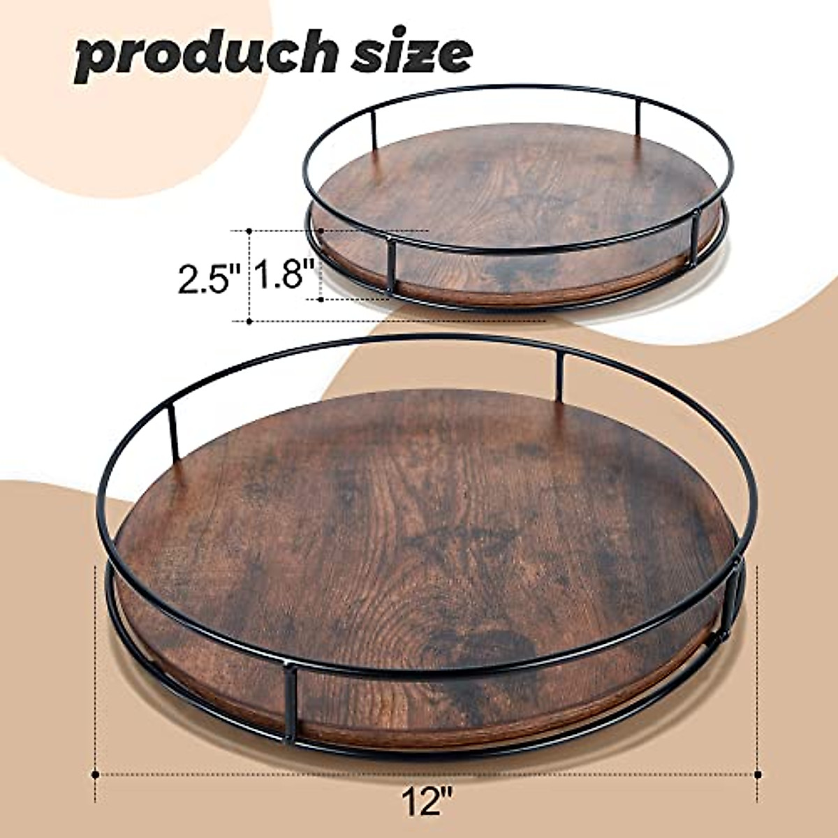 12 Inch Wood Lazy Susan Turntable for Table, Kitchen Rustic Brown Turntable Organizer with Steel Frame, 360 Degree Decorative Turntable for Countertop Cabinet or Centerpieces