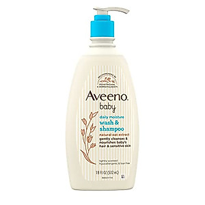 Aveeno Baby Daily Moisture Gentle Body Wash & Shampoo with Oat Extract, 2-in-1 Baby Bath Wash & Hair Shampoo, Tear- & Paraben-Free for Hair & Sensitive Skin, Lightly Scented, 18 fl. oz