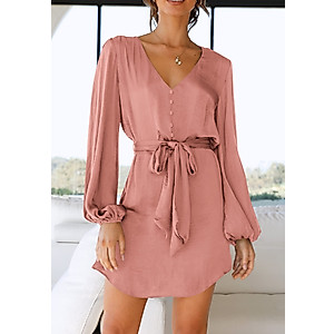 PRETTYGARDEN Women's Spring Long Puff Sleeve Satin Dress V Neck Cocktail Party Belted Short Formal Dresses (Dusty Pink,Medium)
