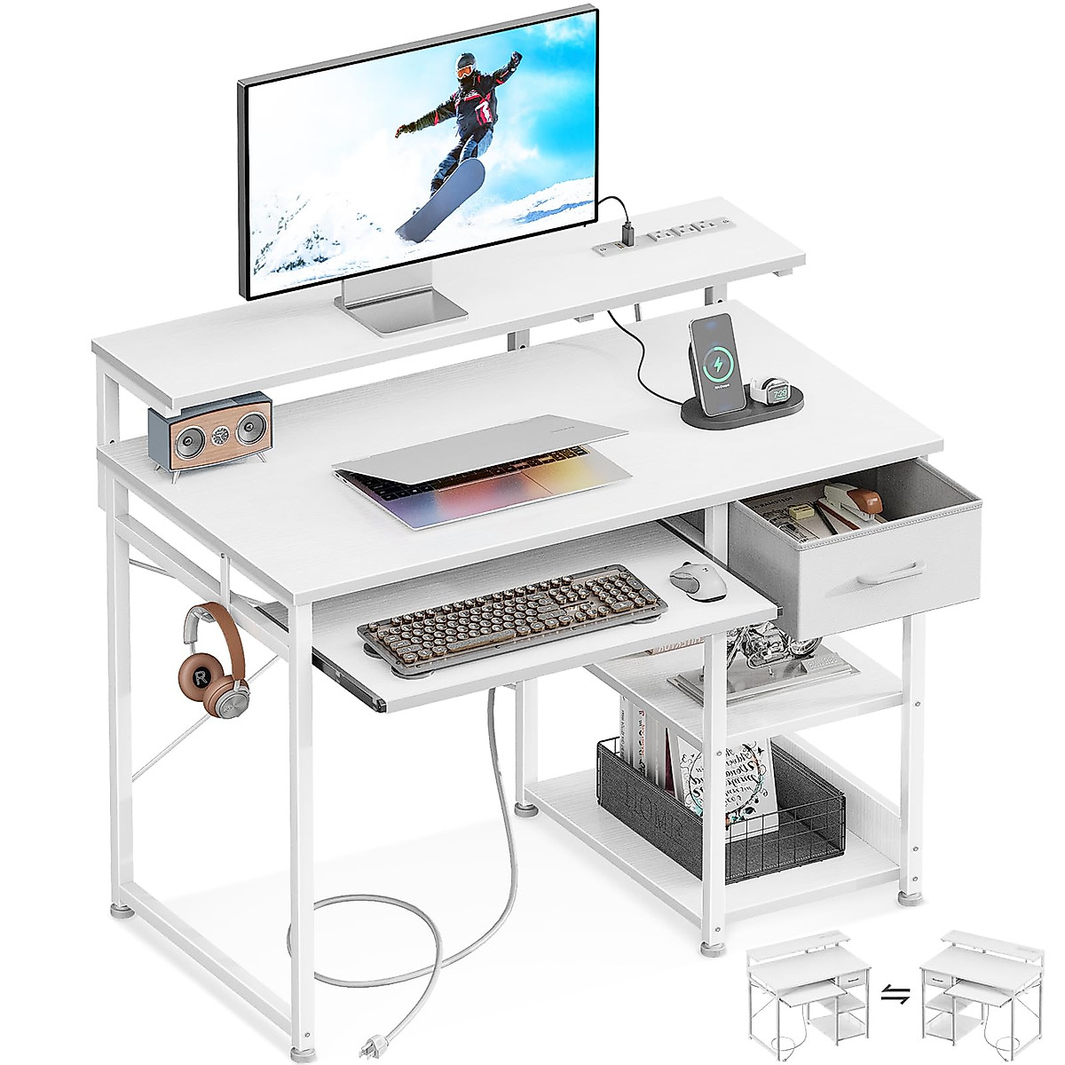 AODK Small Computer Desk with Keyboard Tray, 40 Inch Office Desk with Power Outlet, Work Desk with Drawer, Reversible Desk with Adjustable Monitor Shelf and Storage Shelf for Home Office, White