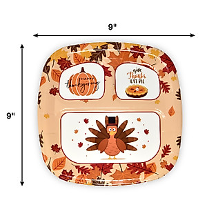 Gift Boutique 24 Pack Thanksgiving Divided Dinner Plate 9 inch Square 3 Section Plates for Fall Autumn Harvest Party Supply Disposable Paper Dinner Table Decorations with Turkey Pumpkin Leaf Design