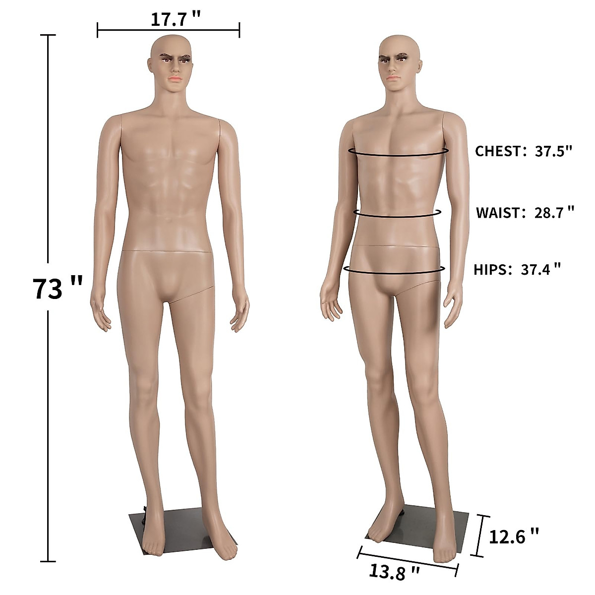 Male Mannequin Full Body Sewing Dress Form Model Mannequins Torso 73 Inches Adjustable Manikin Body Clothing Realistic Men Mannequin Display Head Arm Rotation Metal Base