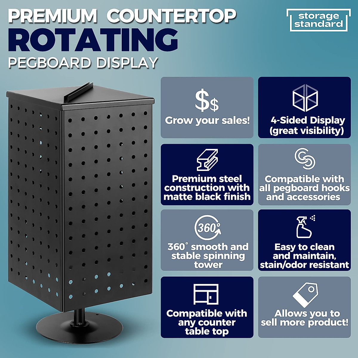 Storage Standard Metal Spinning Peg Board Displays - 17" Earring Display Stand for Retail & Shows, Black Jewelry Stands - 4-Sided Craft Keychain Rack Necklace Holder