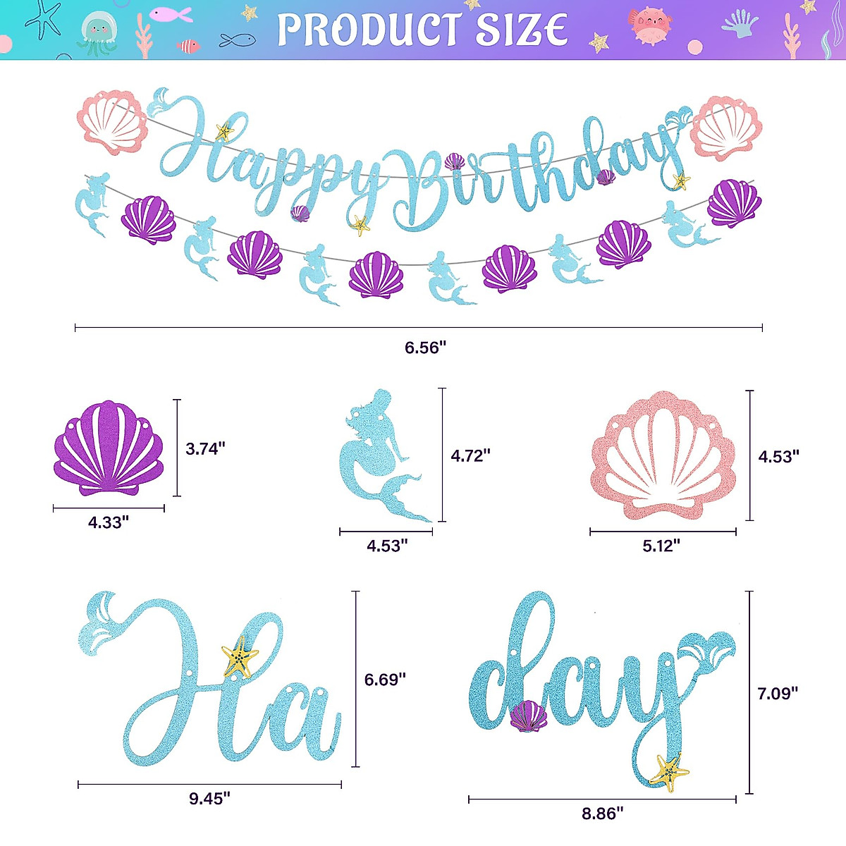 Ouddy Life Mermaid Birthday Party Decorations, 48Pcs Happy Birthday Banner Jellyfish Lantern Cake Topper Mermaid Balloons for Little Mermaid Theme Birthday Baby Shower Ocean Party Supplies Favors Girl