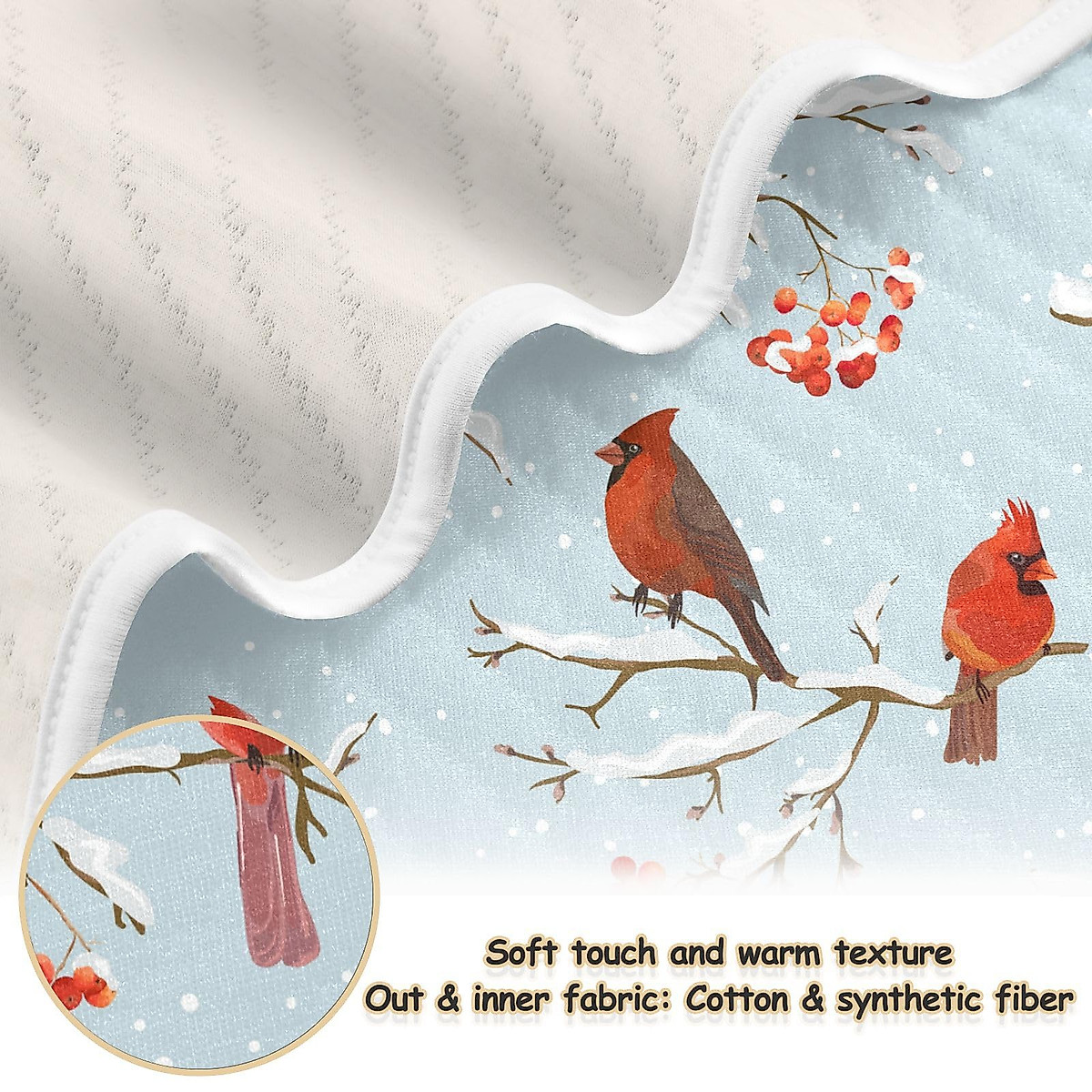 Nnamluu 30"X40" Baby Cotton Blanket Winter Birds Berries Nursery Blankets for Infants Receiving Blanket Swaddle Blanket Cardinal