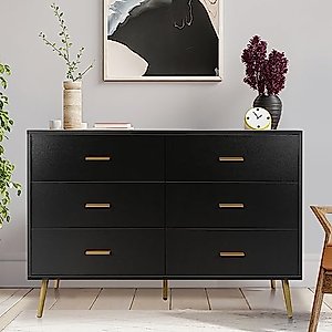 MAISONPEX 6 Drawer Dresser with Metal Handles , Black Modern Wood ,Chest of Drawers, Sturdy Frame Bedroom Furniture with Drawers for Closet Hallway, Living Room