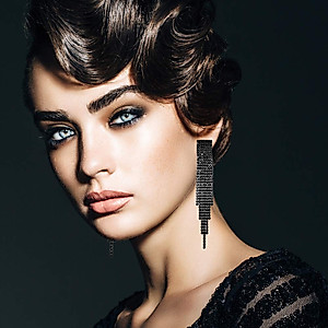 Statement Black Clip On Earrings Extra Long Earrings 1920s Earrings Art Deco Earrings Great Gatsby Earrings Flapper Earrings Statement Earrings Gun Metal Black Earrings Rhinestone Crystal Drop Earrings for Women (Black Clip-Ons)