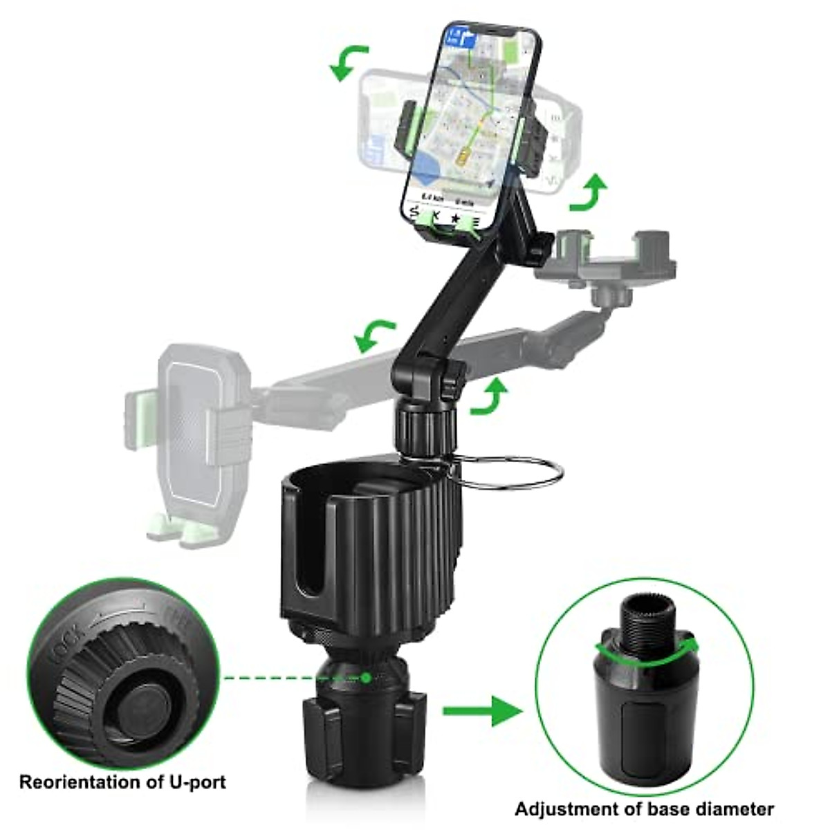 This Hill 3 in 1 Cup Holder Expander for Car 360° Rotation Cup Holder Phone Mount Compatible with iPhone/Samsung All Smartphones[2022 Upgraded 2nd Generation]