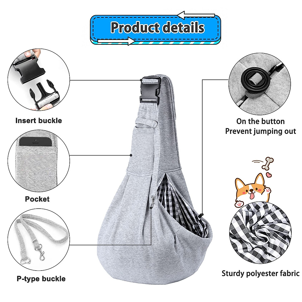 Kanemc Dog Sling Carrier for Small Dogs Cat Puppy Pets Up to 16.5lbs, Comfy Hard Bottom Support, Adjustable Padded Shoulder Strap, Hands-Free Dog Carrier Sling Bag for Outdoor Travel