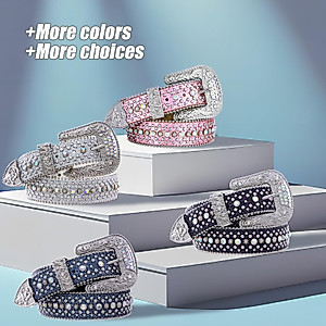 FIORETTO Men Women Rhinestone Belt Western Studded Leather Belt Shine Crystal Bling Diamond Cowgirl Cowboy Waist Belt for Jeans Pants Blue