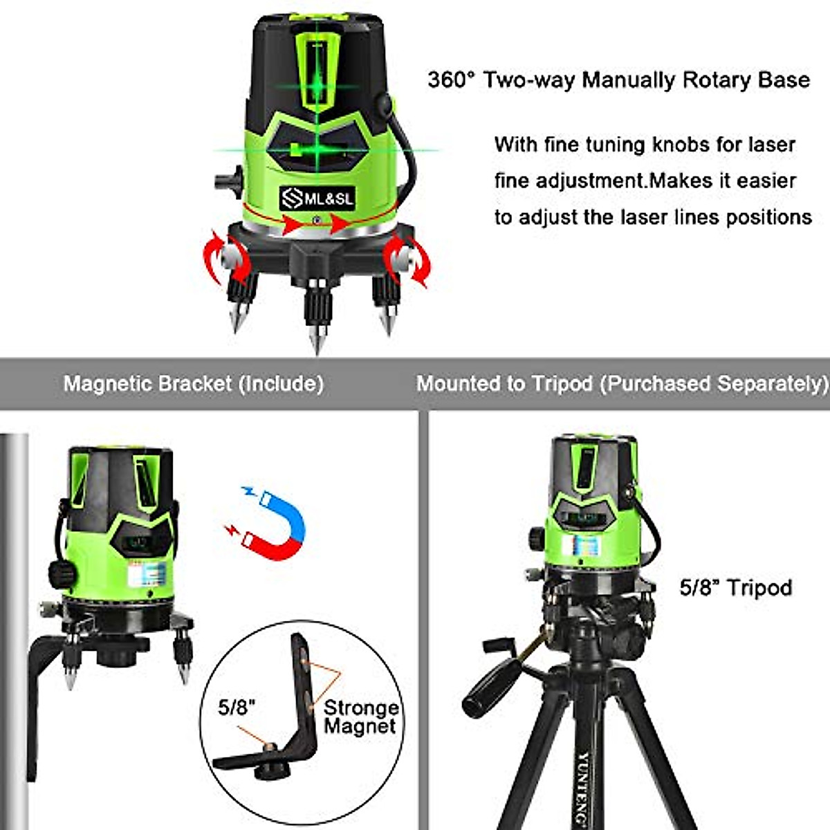 ML&SL Multi-Line Green Laser Level - Professional Automatic Self leveling Laser Horizontal&Vertical Cross line with Down Plumb Dot,360°Rotating Base,Rechargeable Battery for Indoor Outdoor