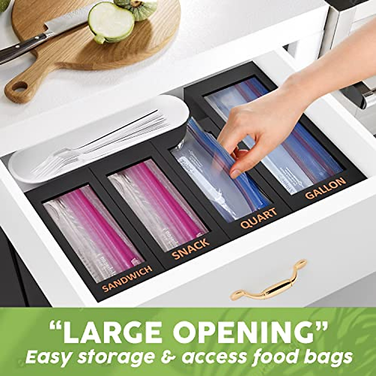 Bamboo Ziplock Bag Storage Organizer for Kitchen Drawer, 4 Separate Food Storage Bag Organizer, 12x14" Baggie Organizer Dispenser for All Brands Gallon, Snack, Sandwich & Quart Slider Bags Black