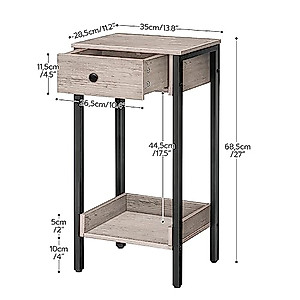 HOOBRO Tall Side Table, Nightstand, End Table with Drawer and Storage Shelf, Industrial End Telephone Table, for Study, Bedroom, Space Saving, Greige and Black BG71BZ01