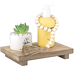 Wood Pedestal Stand Riser Rectangle Wooden Tray Sink Soap Holder Wood Bead Garland Rustic Farmhouse Tassels Beads for Home Bathroom Kitchen Table Decor Bottles Plant Jewelry Display (Light Brown)