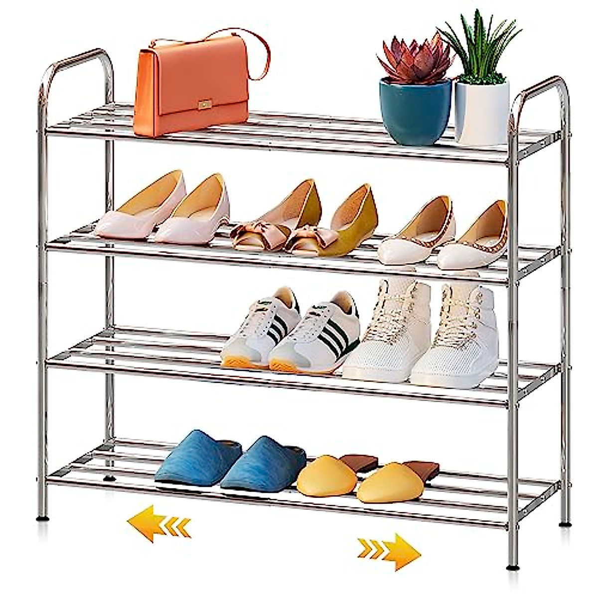 SKIKEN 4-Tier Expandable Shoe Rack, 100% Stainless Steel,4-Rod Extendable and Adjustable Feet, Simple Stretchable Shoe Shelf, Small Space Shoe Rack for Entryway, Stair Sides, Closet