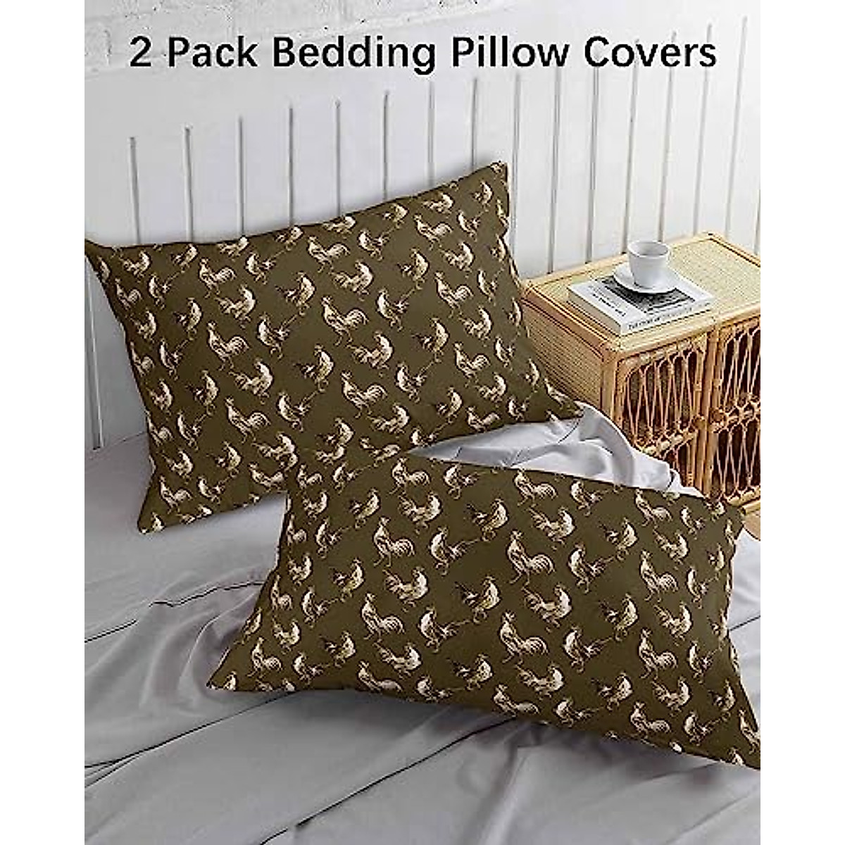 Edwiinsa Farmhouse Rooster Pillow Covers King Standard Set of 2 20x36 Bed Pillow, Rustic Farm Animals Filling Brown Plush Soft Comfort for Hair/Skin Cooling Pillowcases with Envelop Closure