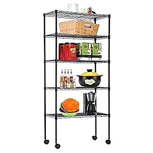 750 LBS Black 5 Tier Shelf Wire Shelving Unit - 14"x30"x60" with Wheels, NSF Wire Shelf Metal Heavy Duty Rack Height Adjustable Utility for Garage Kitchen Office Commercial Shelving Steel Layer Shelf