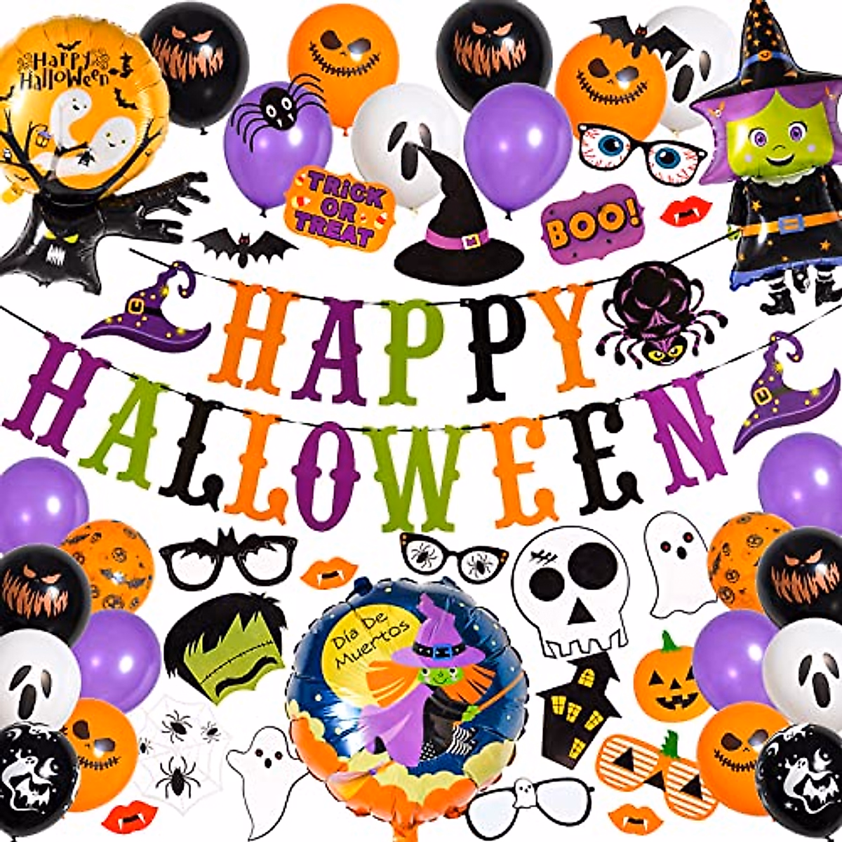 Whaline 60Pcs Halloween Balloons Party Decorations Set Happy Halloween Banner Latex Balloons with Ribbons Witch Ghost Tree Ball Halloween Party Foil Balloons Photo Props for Halloween Decor Supplies
