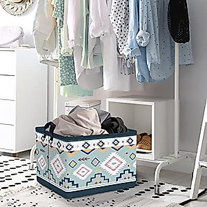 Clastyle Rectangle Blue Boho Clothes Storage Baskets Collapsible Waterproof Geometric Storage Bin for Living Room, 15.7 * 11.8 * 11.8 in