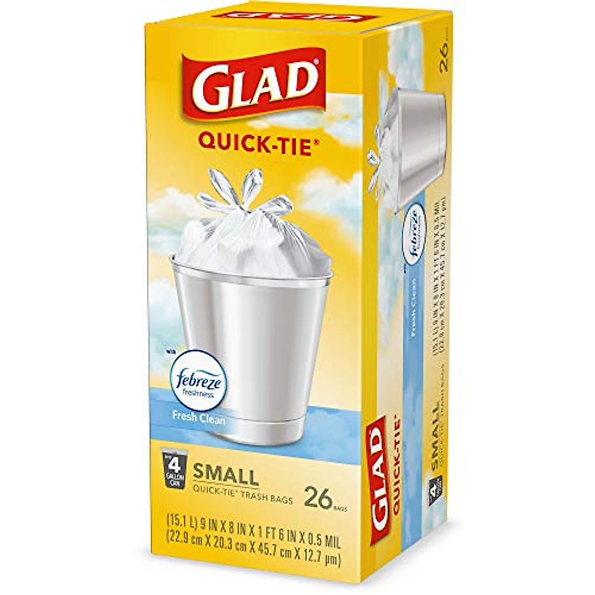 Glad OdorShield Small Trash Bags, Febreze Fresh Clean, 4 Gal, 26 Ct (Package May Vary)