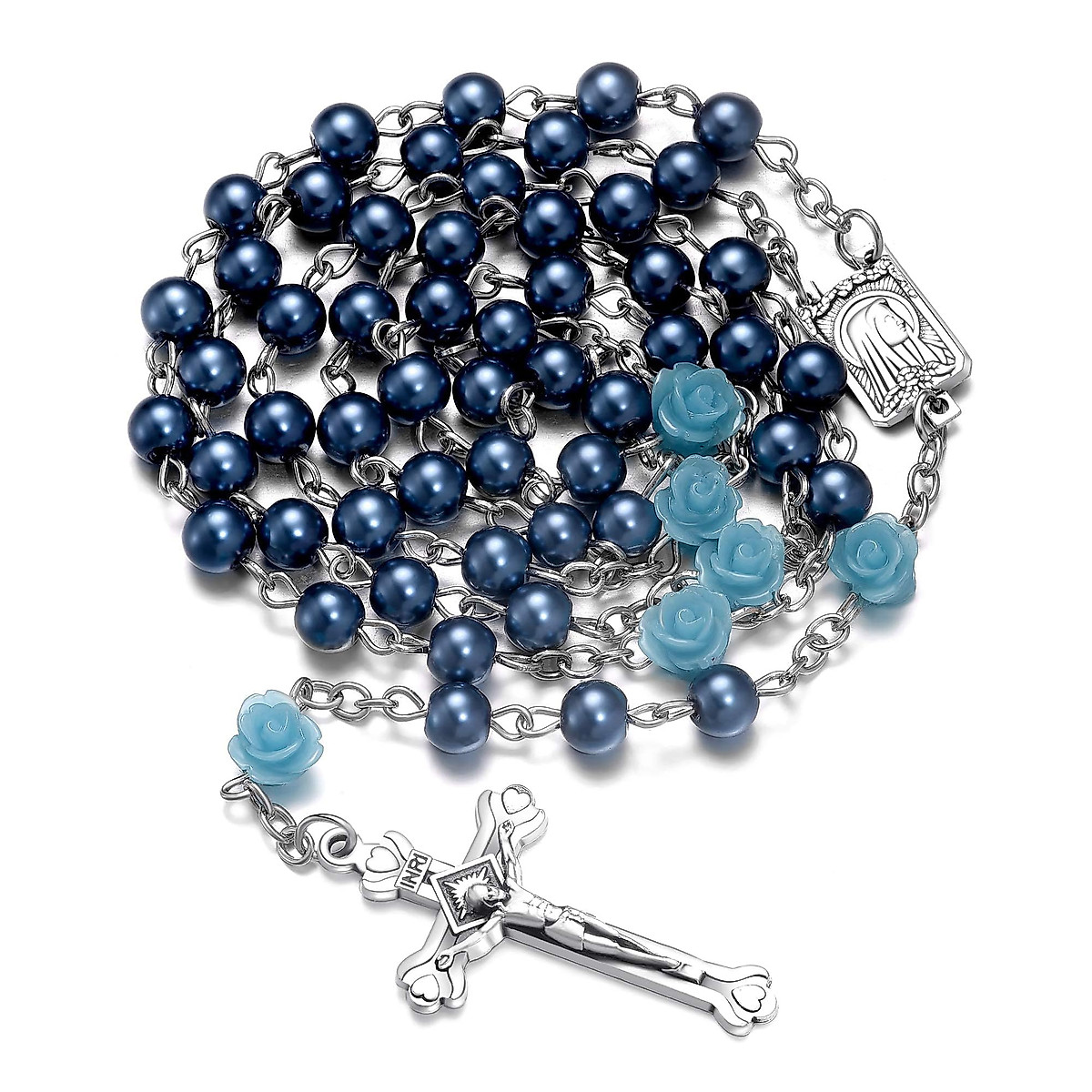 Pearl Rose Beads Rosary Catholic Necklace Holy Soil Medal Cross Crucifix-6 Packs