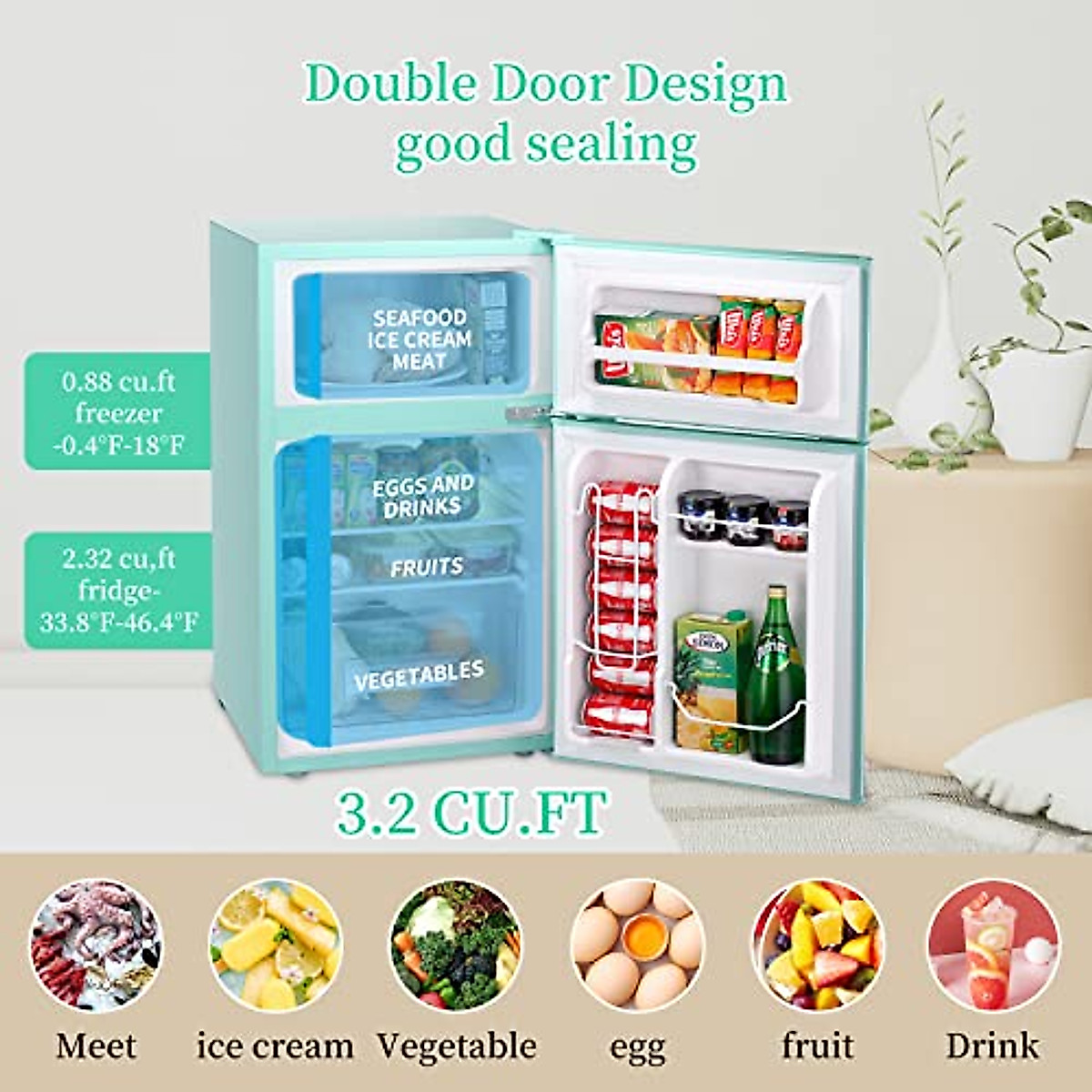 Kndko Compact Refrigerator 3.2 CU.FT. Fridge with Freezer - Dual Door Fridge - Adjustable Temperature, Energy Saving - Retro Refrigerator (Green)