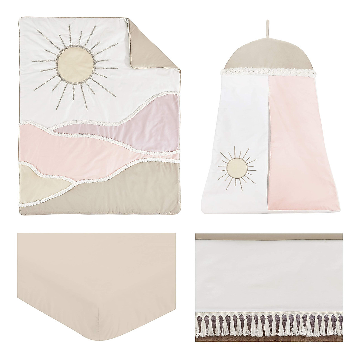 Sweet Jojo Designs Boho Desert Sun Baby Girl Nursery Crib Bedding Set - 4 Pieces - Blush Pink Mauve Gold Ivory Taupe Bohemian Mountains Southwest Nature Outdoors Tassel Minimalist Cotton Geometric