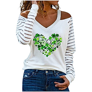Saint Patricks Day Womens Cold Shoulder Long Sleeve Heart Green Clover Print Shirts Blouse Breathable Loose Tee Tops