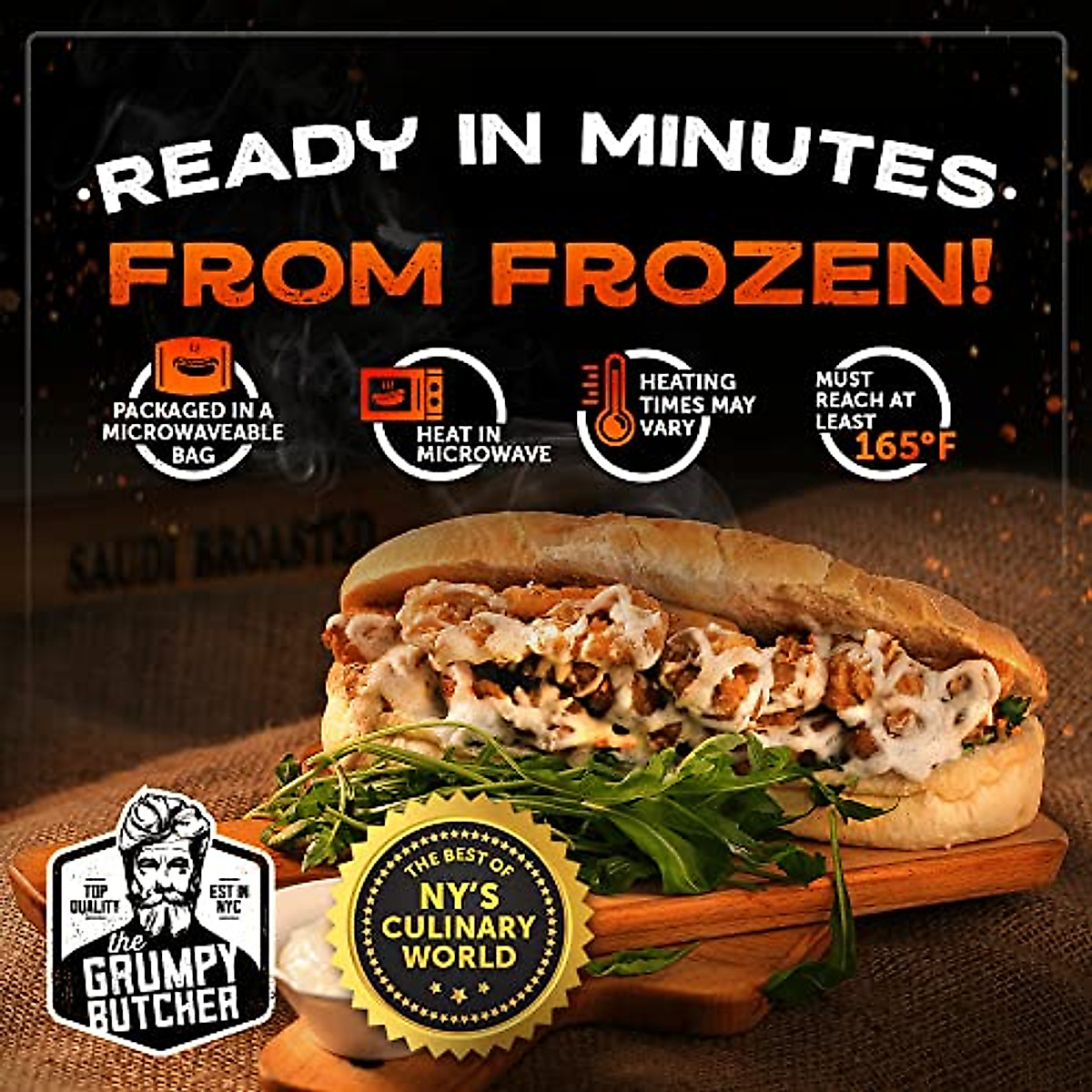Grumpy Butcher Chicken Sandwiches (8 pack, each 4 oz) | Pulled Chicken with Caramelized Onions & Cheese | Fully-Assembled On Premium Bun | Just Heat & Eat
