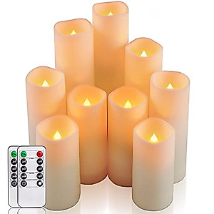 Amagic Flameless Candles Battery Operated Candles Flickering, Outdoor Waterproof LED Pillar Candles with Remote Control and Timer, D 2.2" x H 4" 5" 6" 7" 8" 9", Ivory, Plastic, Set of 9