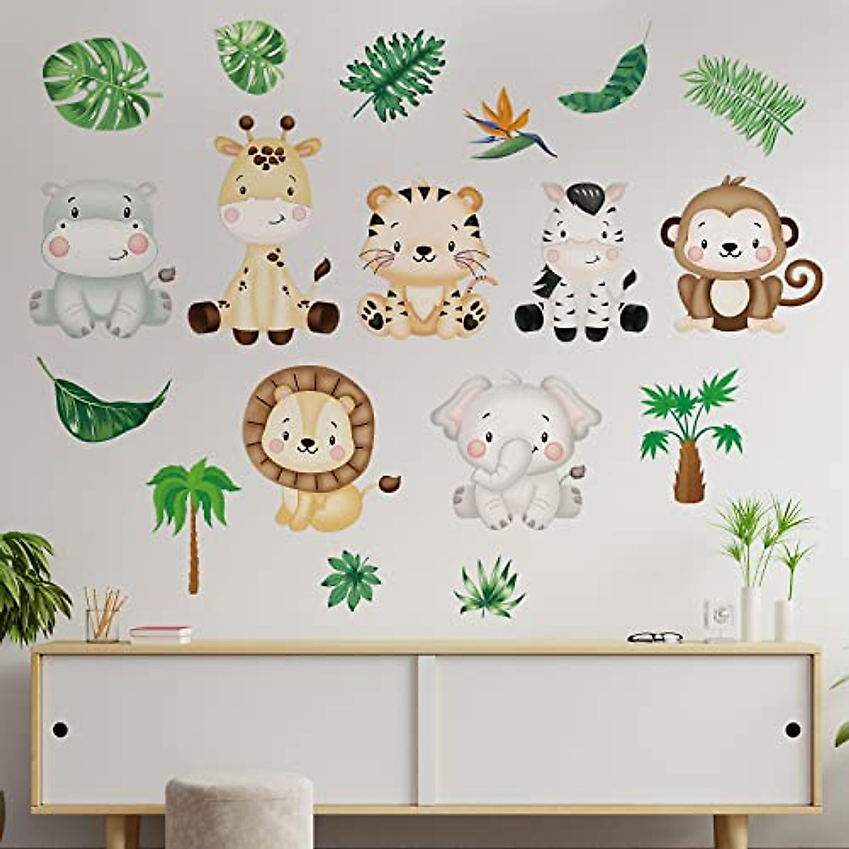 9 Sheets Baby Safari Animals Wall Stickers Jungle Animals Wall Decals Baby Wall Decor Elephant Zebra Giraffe Hippo Lion Leaf Nursery Decals Peel and Stick Wall Art Decals for Kids Room Nursery Decor