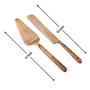Folkulture Cake Knife and Server Set, Stainless Steel Cake Cutting Set for Wedding, Pie or Patry Serving Set for Home Decorations, Large 2-Piece Dessert Set for Boho Gifts, Rose Gold
