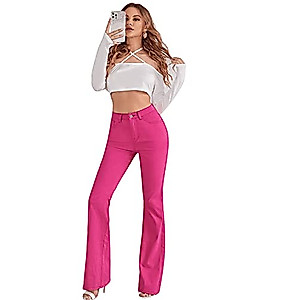 SweatyRocks Women's Casual Denim Pants Heart Print High Waist Stretchy Bell Bottom Flared Jeans Hot Pink S