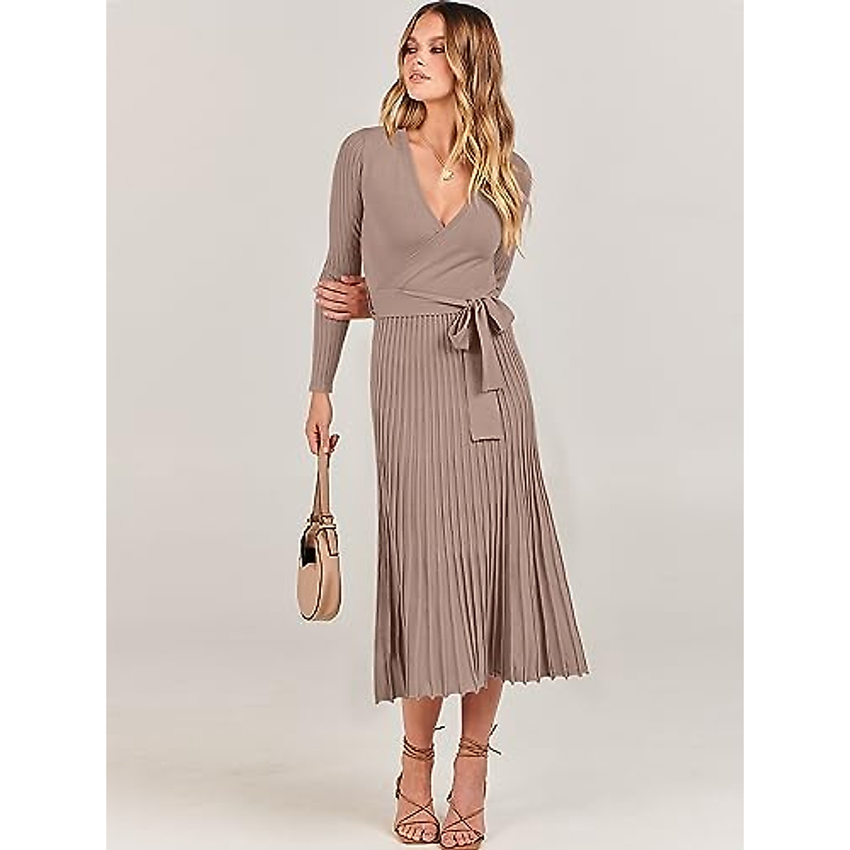 ANRABESS Long Sleeve Sweater Dress 2023 Fall Wrap Pleated V Neck Work Office A Line Tie Waist Soild Color Belted Ribbed Knit Bodycon Midi Sweater Dress 937doukou-XL