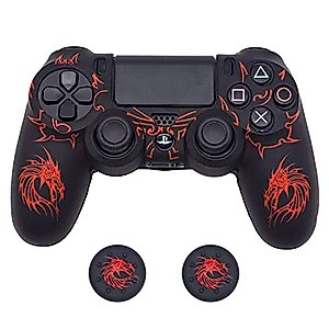 Skin for PS4 Controller, BRHE Anti-Slip Grip Silicone Cover Protector Case Compatible with PS4 Slim/PS4 Pro Wireless/Wired Gamepad Controller with 2 Dragon Carving Thumb Grip Caps