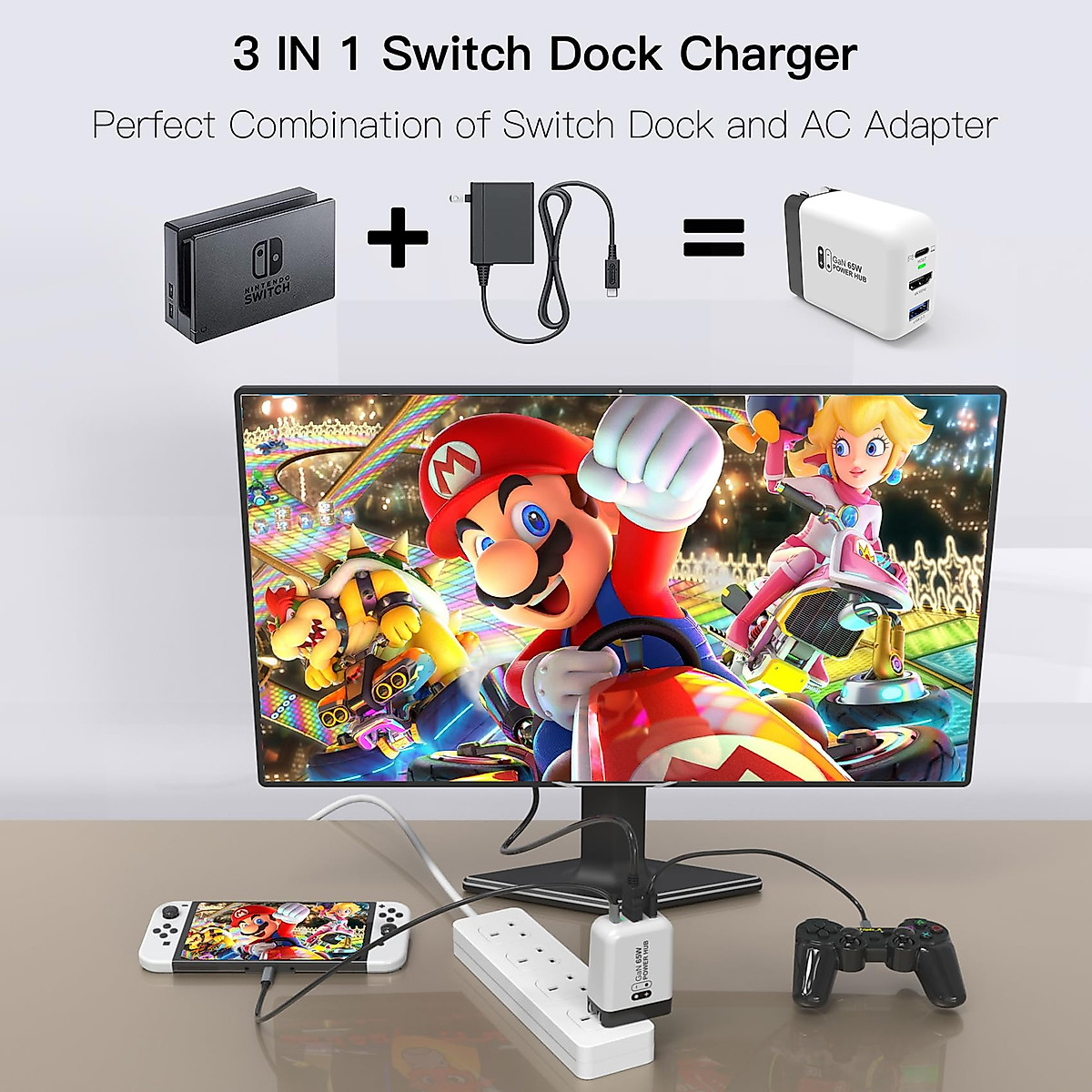 Mirabox 65W Portable Dock Charger for Nintendo Switch, Compatible with Switch OLED/Steam Deck/ROG Ally/Samsung Dex/iPad/MacBook, 4K 60Hz USB C TV Docking Station, Support Charging and HDMI Output