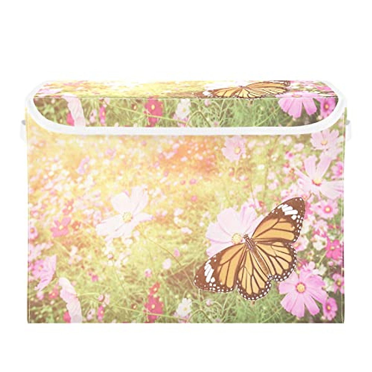 Blueangle Collapsible Storage Boxes 1 Pack, Cosmos Flower Field Butterfly Storage Baskets with Lids and Handle for Home Bedroom Closet Office（78）