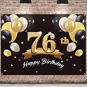 PAKBOOM Happy 76th Birthday Banner Backdrop - 76 Birthday Party Decorations Supplies for Men - Black Gold 4 x 6ft