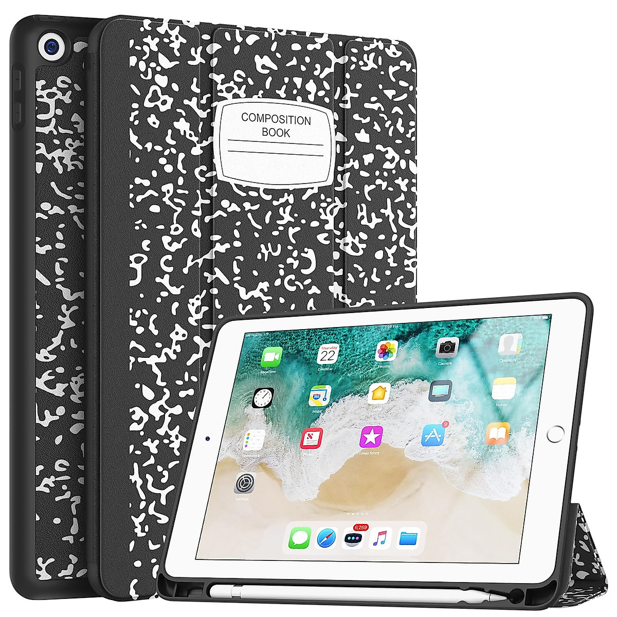 Soke Case Fits for iPad 6th/5th Generation with Pencil Holder - [Full Body Protection + Auto Wake/Sleep], Shockproof Soft TPU Back Cover for Apple iPad 9.7 inch 2018/2017, Book Black