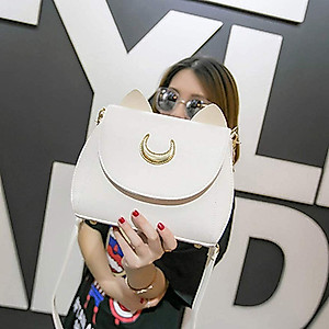 Women Girls Moon Luna Cat Purses Pu Leather Purse Cosplay Messenger Sailor Moon Bag Handbags Shoulder Bags (Type 1 White)