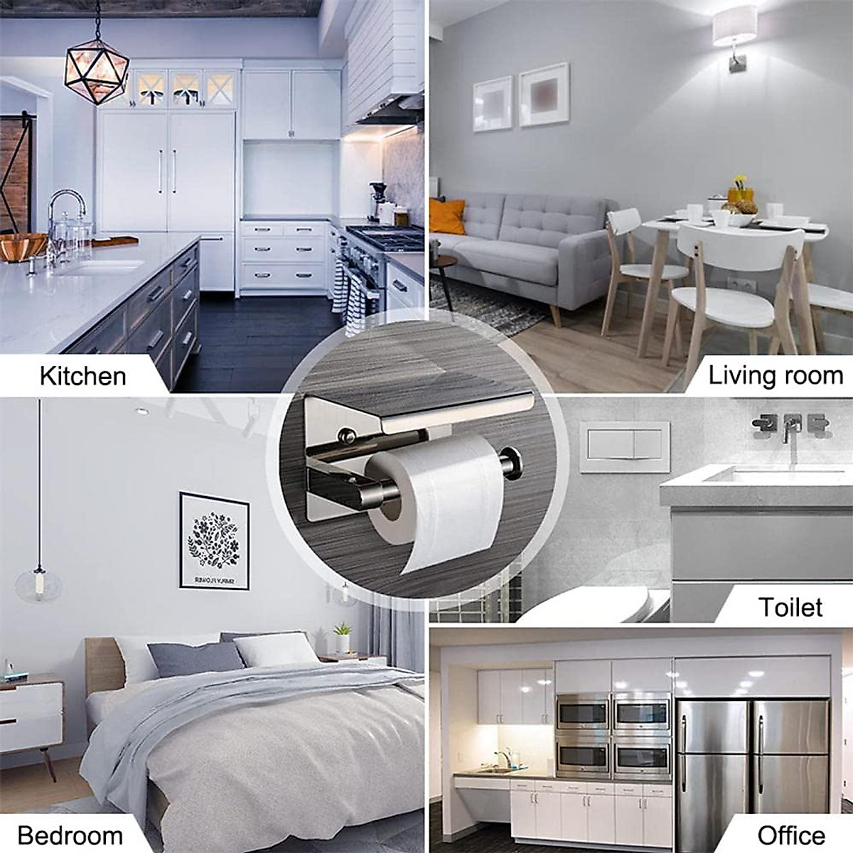 RUNAAJA Stainless Steel Toilet Paper Roll Toilet Paper Holder with Phone Shelf Adhesive Toilet Paper Holder with Shelf Stainless Steel Bathroom Tissue Roll Holder Tissue Roll Paper Dispenser (Black)