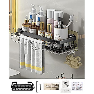 Fegat Shower Caddy, Enhanced Self Adhesive shower Organizer, No Drilling Bathroom Shower Shelf With Towel Rack and 2 Hooks, Space Aluminum With Anticorrosion Process, Black