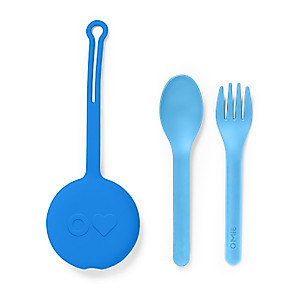 Omie OmieBox Kids Utensils Set with Case - 2 Piece Plastic, Reusable Fork and Spoon Silverware with Pod for Kids (Blue)