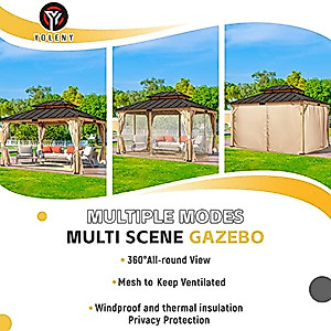 YOLENY 13' x 15' Solid Spruce Wood Gazebo, Hardtop Gazebo with Coated Wood Frame, Waterproof Asphalt Double Roof, Nettings and Curtains for Lawns, Gardens, Decks, and Patios